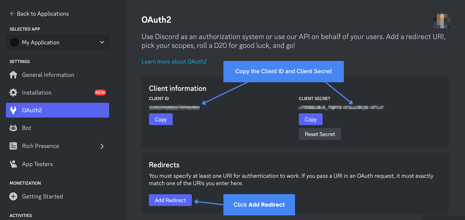 How to get your Discord OAuth 2 credentials and bot token